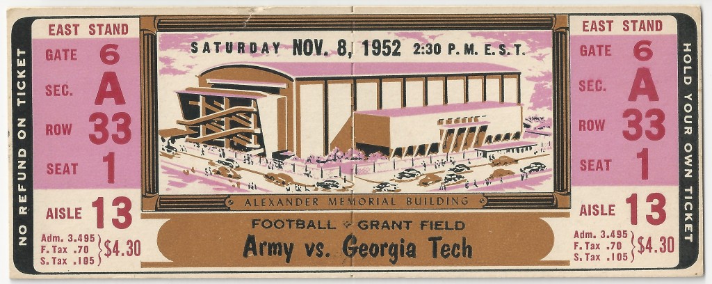 1952-11-08 – Georgia Tech vs. Army – Pink | Georgia Tech Ticket Stubs