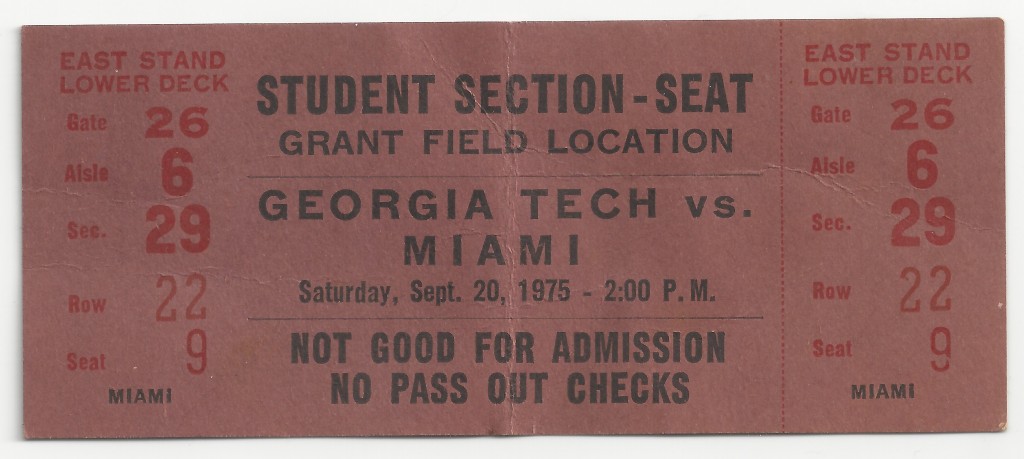 1975-09-20 – Georgia Tech vs. Miami – Student | Georgia Tech Ticket Stubs
